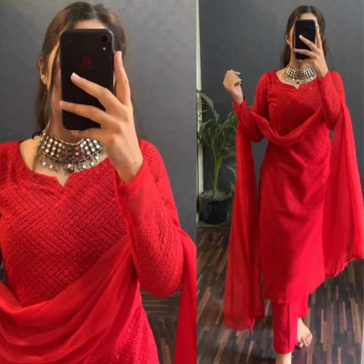 Auspicious Red Color chikankari stitched suit